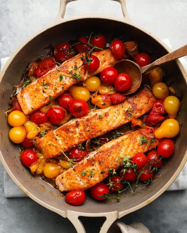 One Pan Seared Salmon with Burst Cherry Tomatoes | Lindsey Eats