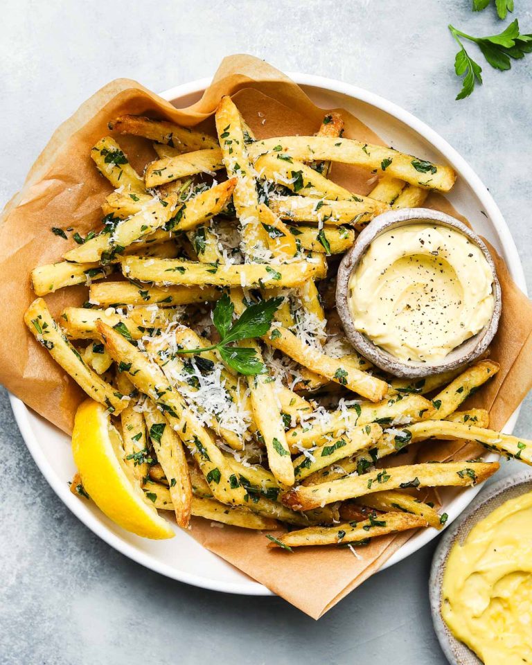 Herb Parmesan Fries with Lemon Garlic Aioli | Lindsey Eats