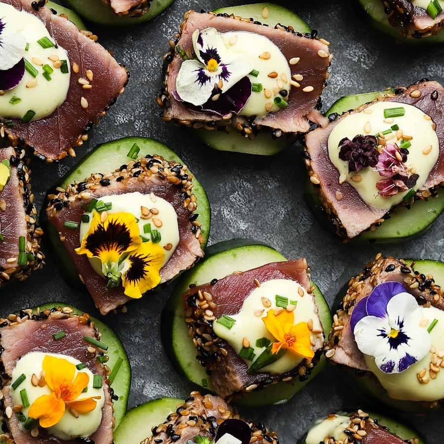 Seared Ahi Tuna Cucumber Bites with Wasabi Mayo | Lindsey Eats