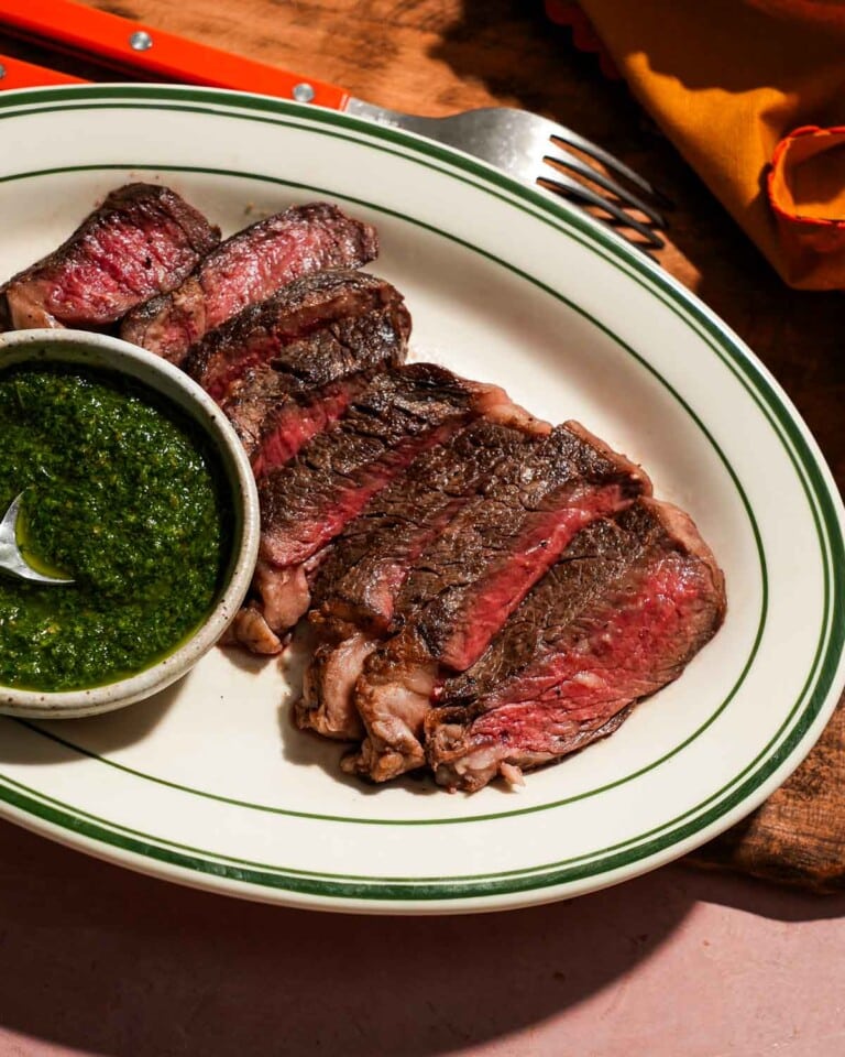 Cast Iron Ribeye Steak with Chimichurri Sauce | Lindsey Eats