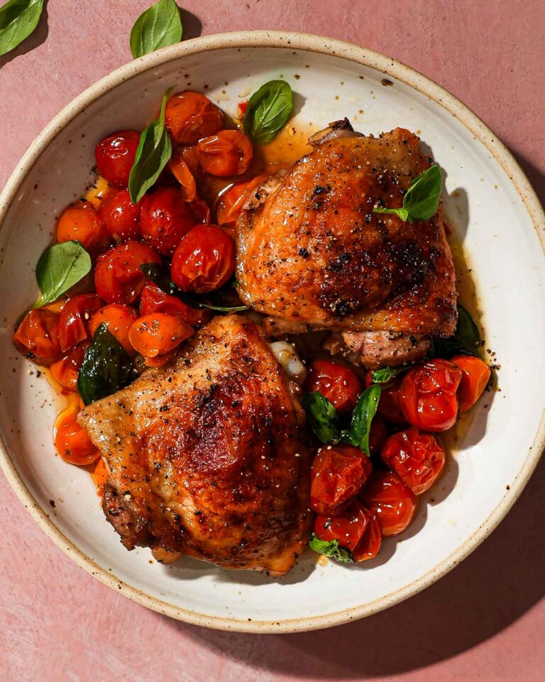One Pan Balsamic Calabrian Chicken with Cherry Tomatoes | Lindsey Eats