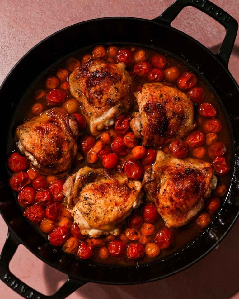 One Pan Balsamic Calabrian Chicken with Cherry Tomatoes | Lindsey Eats