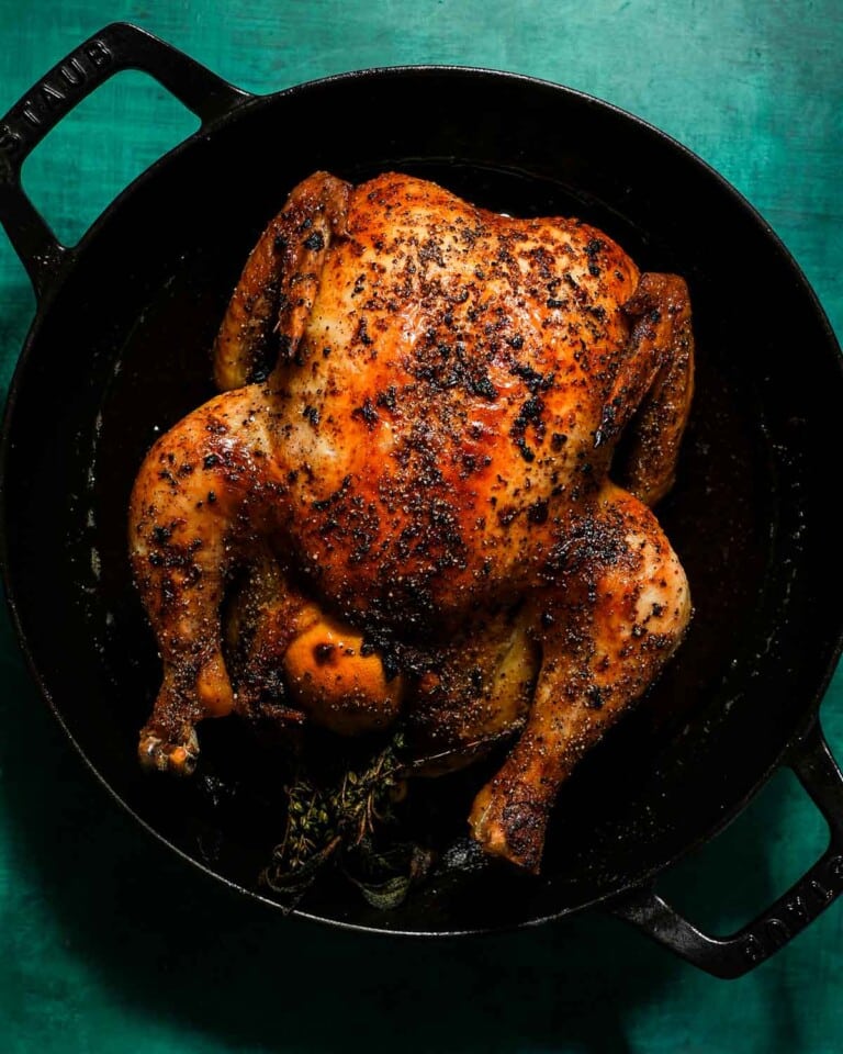 Cast Iron Skillet Whole Roasted Chicken (with Maple Butter!) | Lindsey Eats