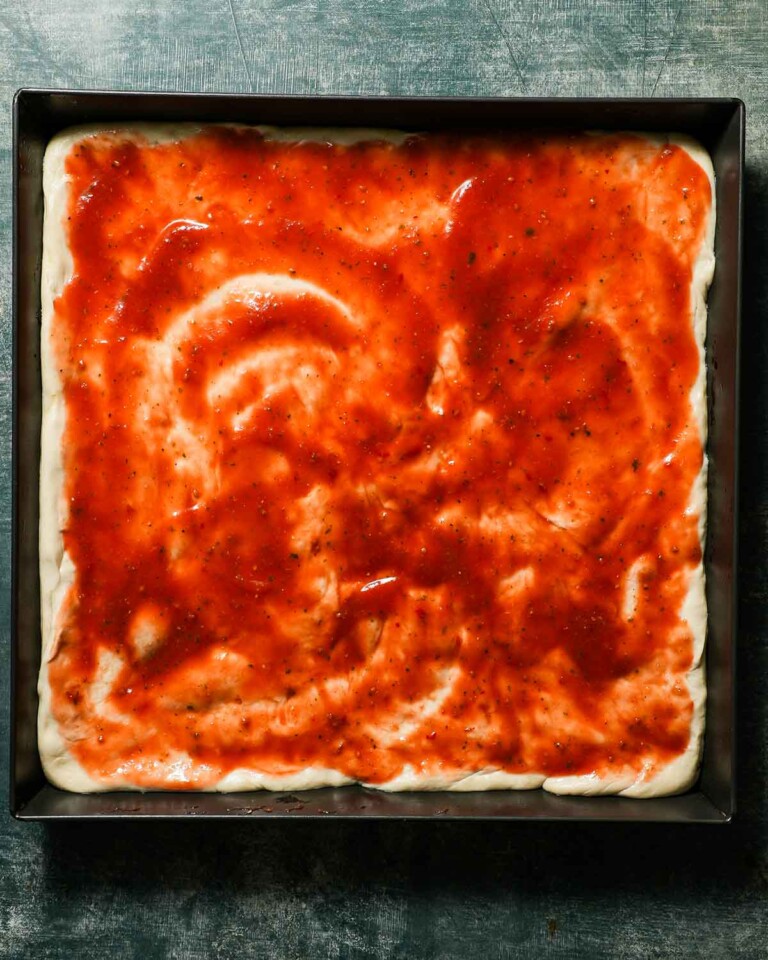 Crispy Sicilian Sheet Pan Pizza with Hot Honey and Burrata | Lindsey Eats